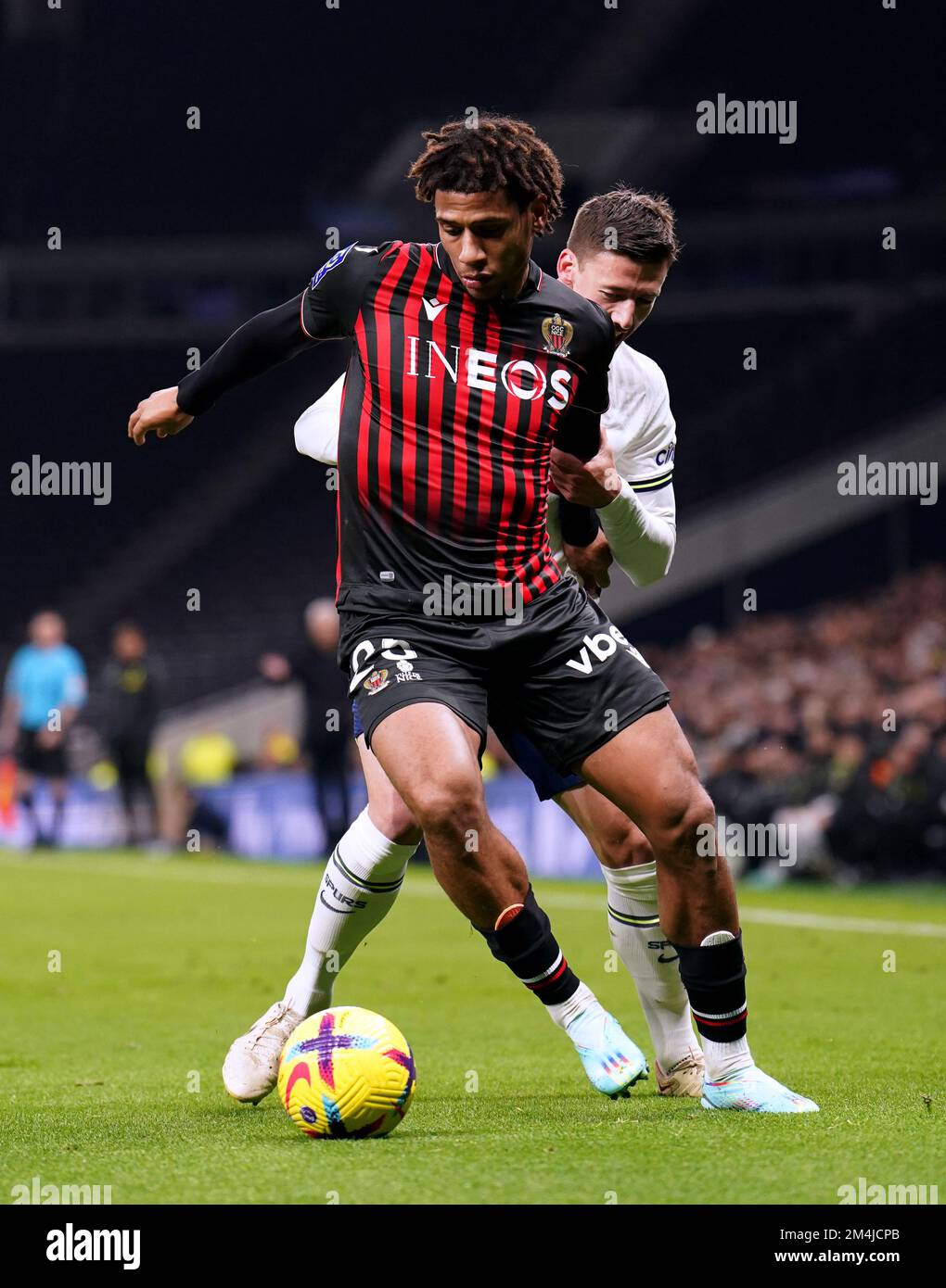 Nice's Jean-Clair Todibo (front) and Tottenham Hotspur's Clement ...