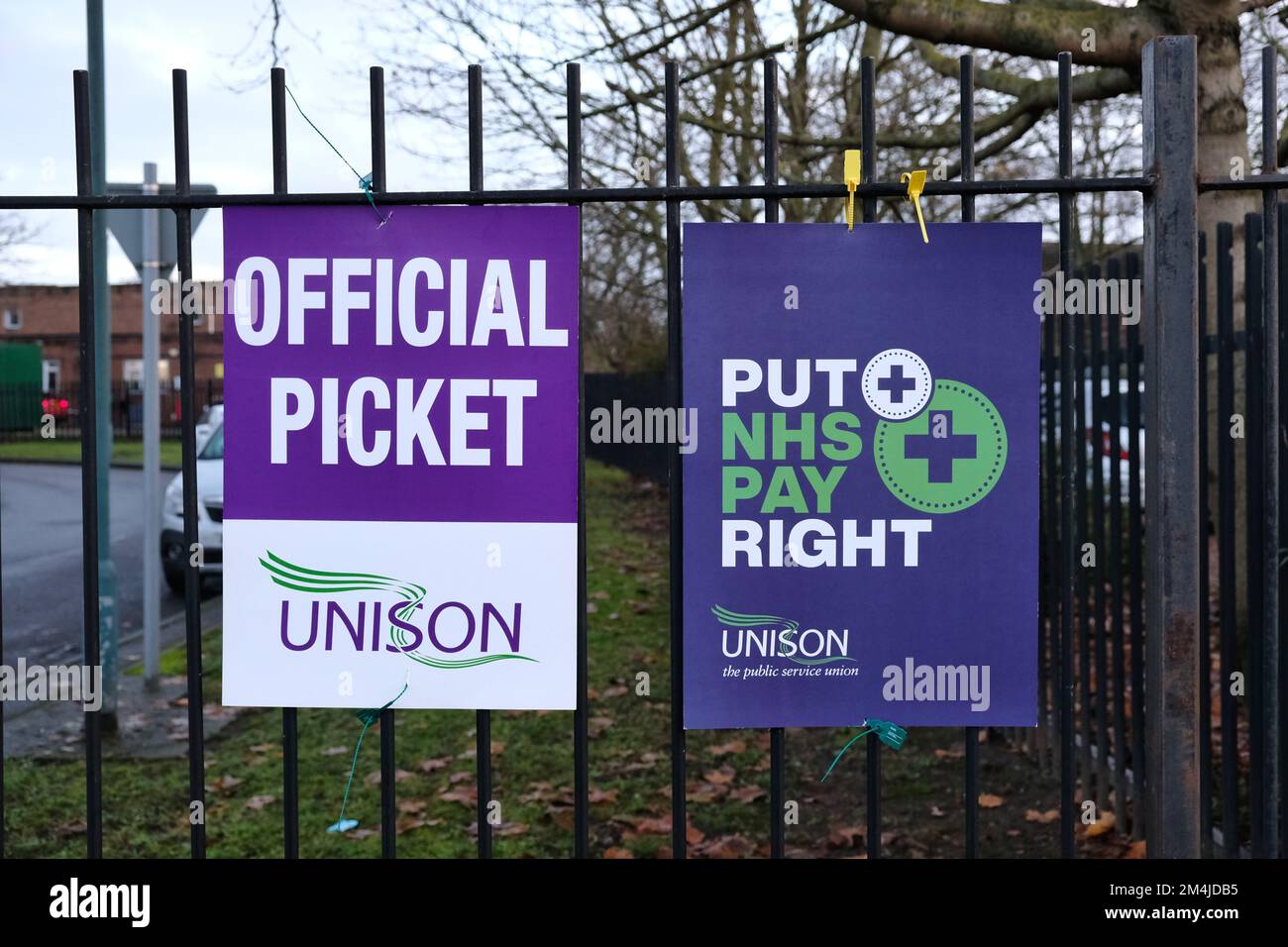 London, UK. Signs indicating strike picket outside St Helier Ambulance ...