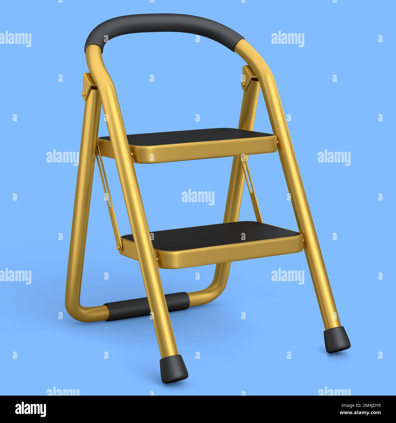 High folding metal ladder with steps on blue background. 3d render of ...
