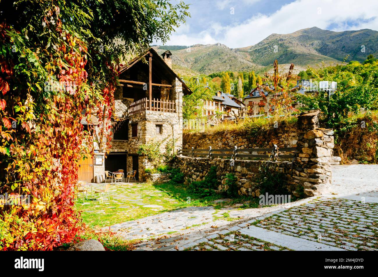 Traditional architecture in the streets of Taüll, Vall de Boí, Lérida ...