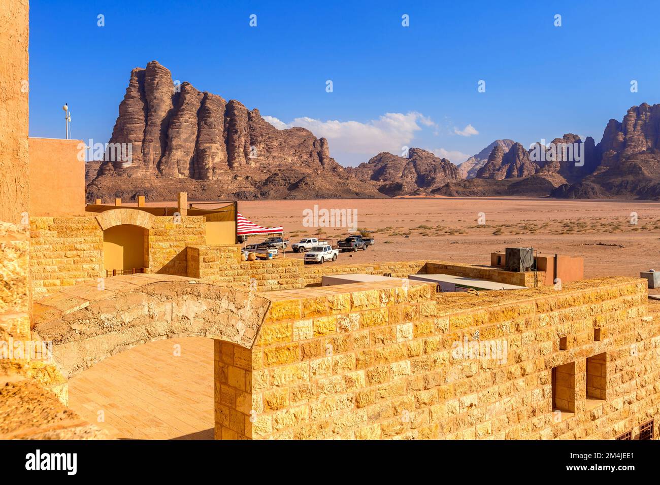 Jordan, Wadi Rum - November 2, 2022: Cars near the entrance to Wadi Rum ...