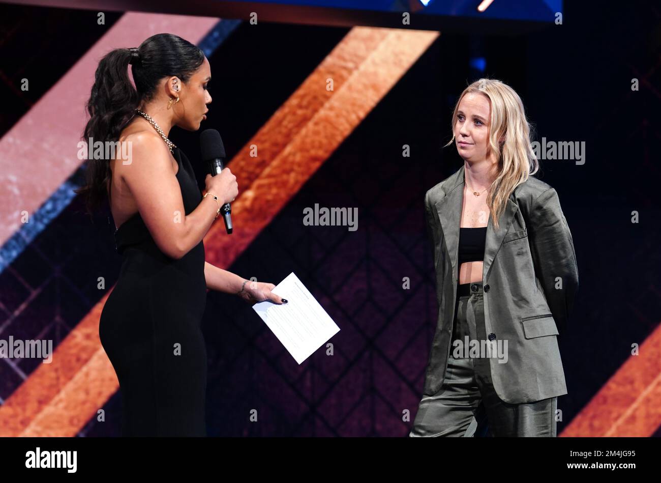 Beth Mead (right) is interviewed by Alex Scott during the BBC Sports ...
