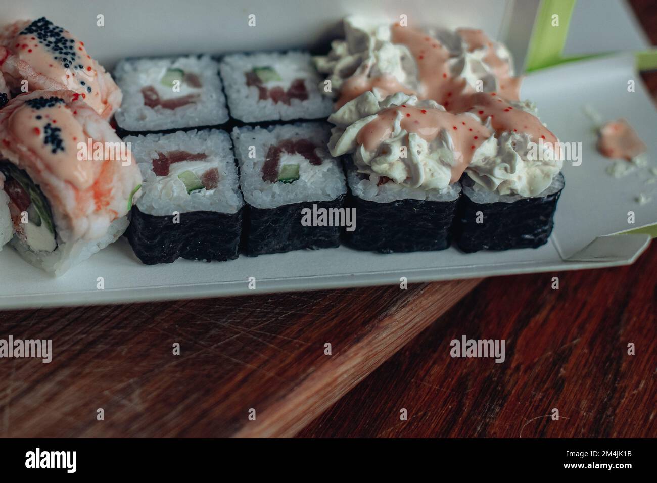 Beautiful delicious sushi. Sushi delivery. Advertising sushi rolls made ...