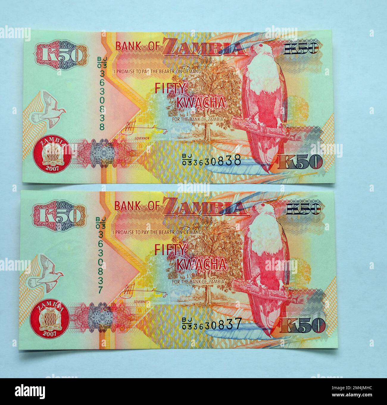 Zambian consecutive serial number 50 Kwacha banknotes which feature a ...