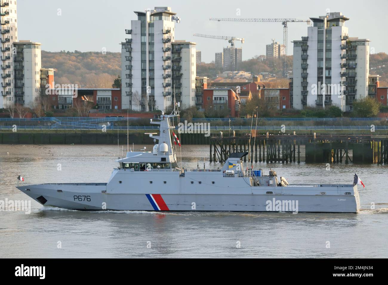 French Marine Nationale Flamant-class patrol vessel P676 FS Flamant heads down the Thames after ...