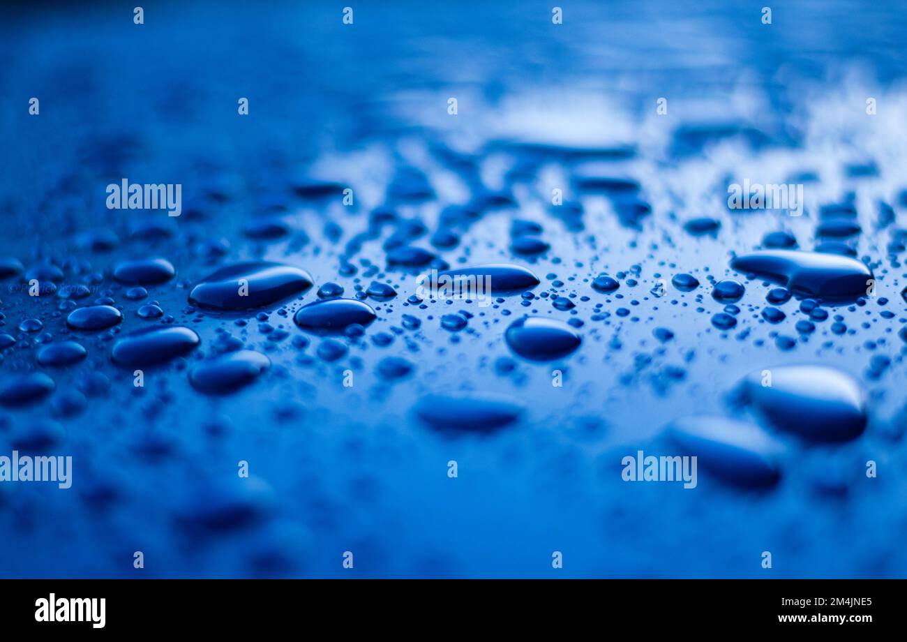Blue water drops on a blue surface Stock Photo - Alamy