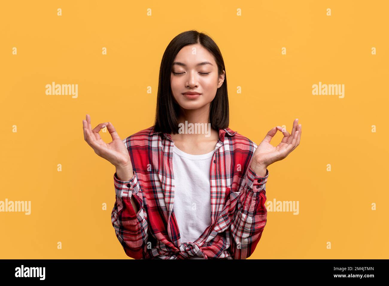 Meditation, stress-free relief at work concept. Peaceful asian lady ...
