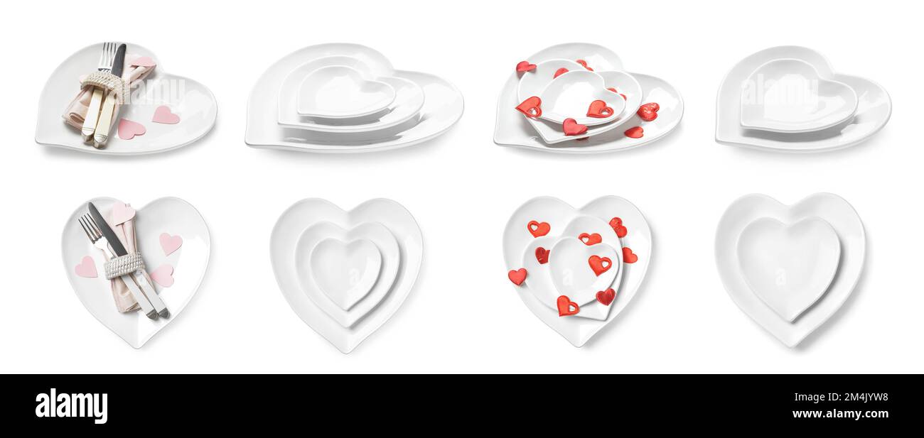 Collage of beautiful heart shaped plates on white background Stock ...