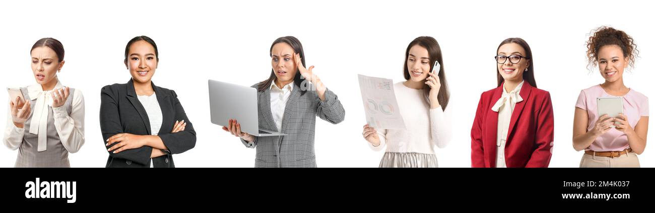 Collage of pretty young businesswomen on white background Stock Photo ...
