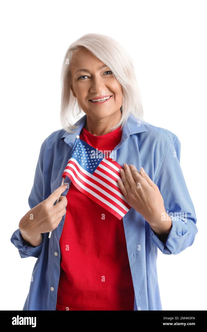 Mature woman with USA flag on white background Stock Photo - Alamy