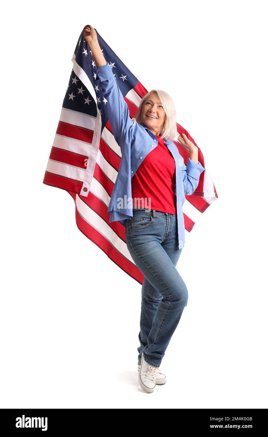 Mature woman with USA flag on white background Stock Photo - Alamy