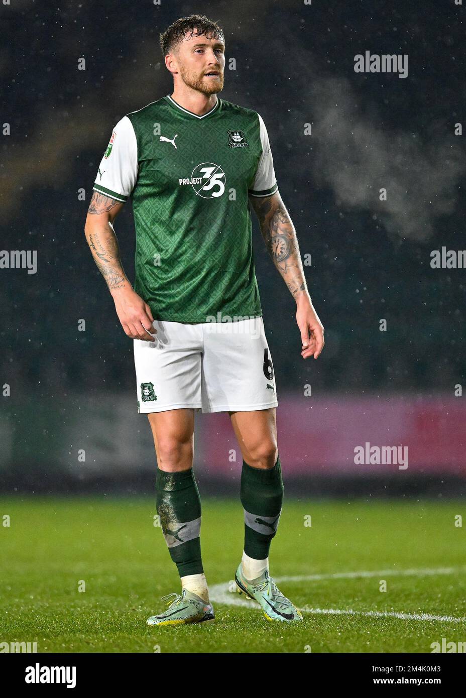 Plymouth Argyle defender Dan Scarr (6) defending during the Papa John's ...