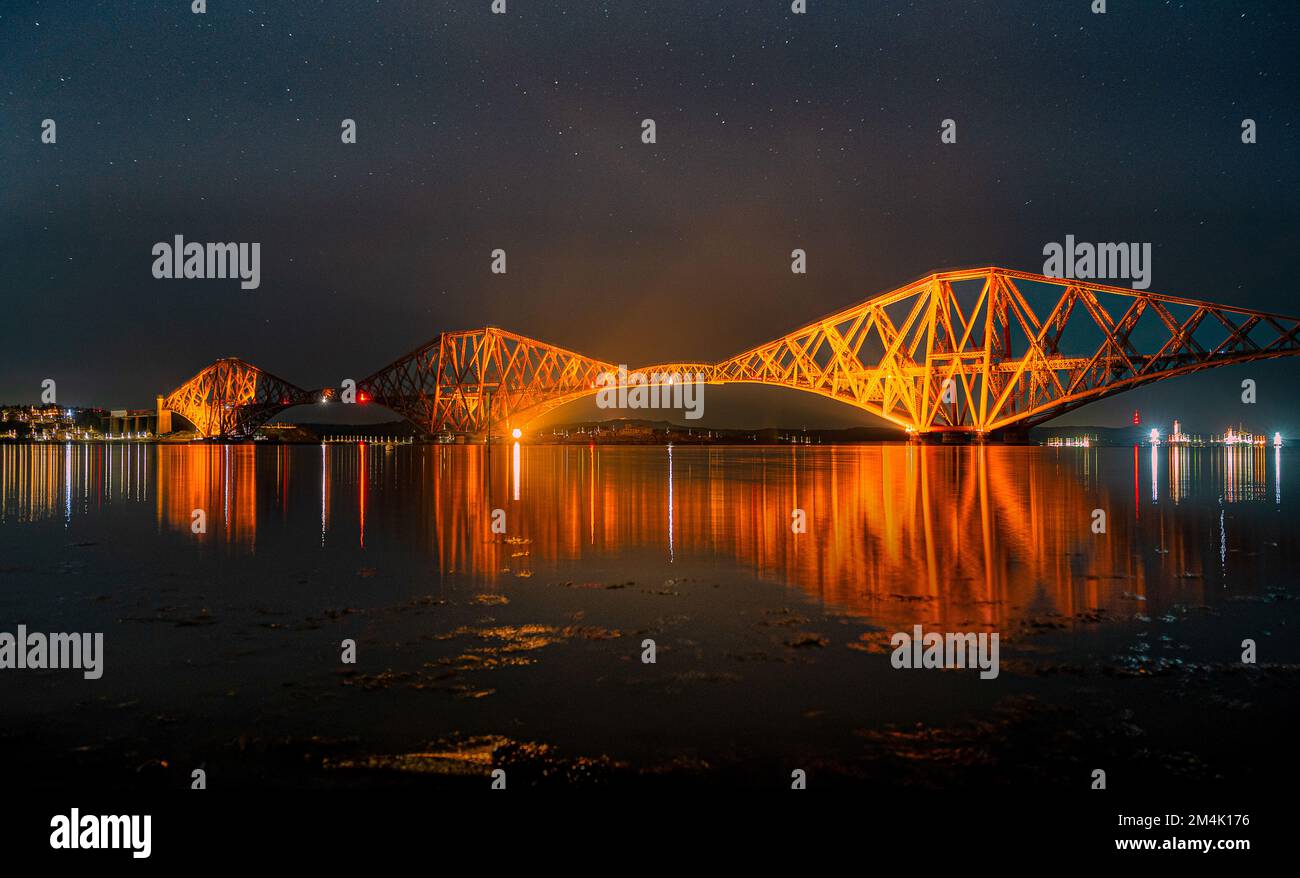 Forth Bridge by night: Illuminated beauty in Edinburgh.The Queensferry ...