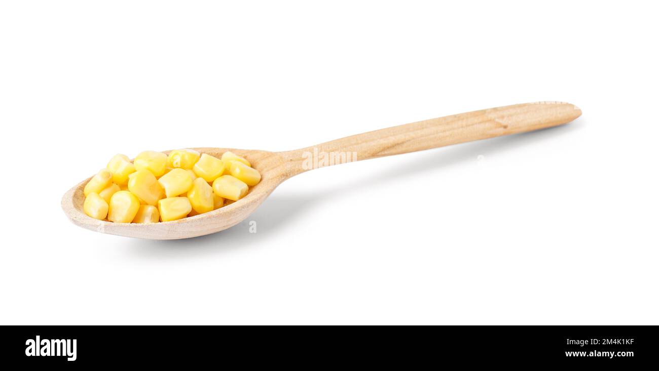 Wooden spoon with canned corn isolated on white background Stock Photo ...