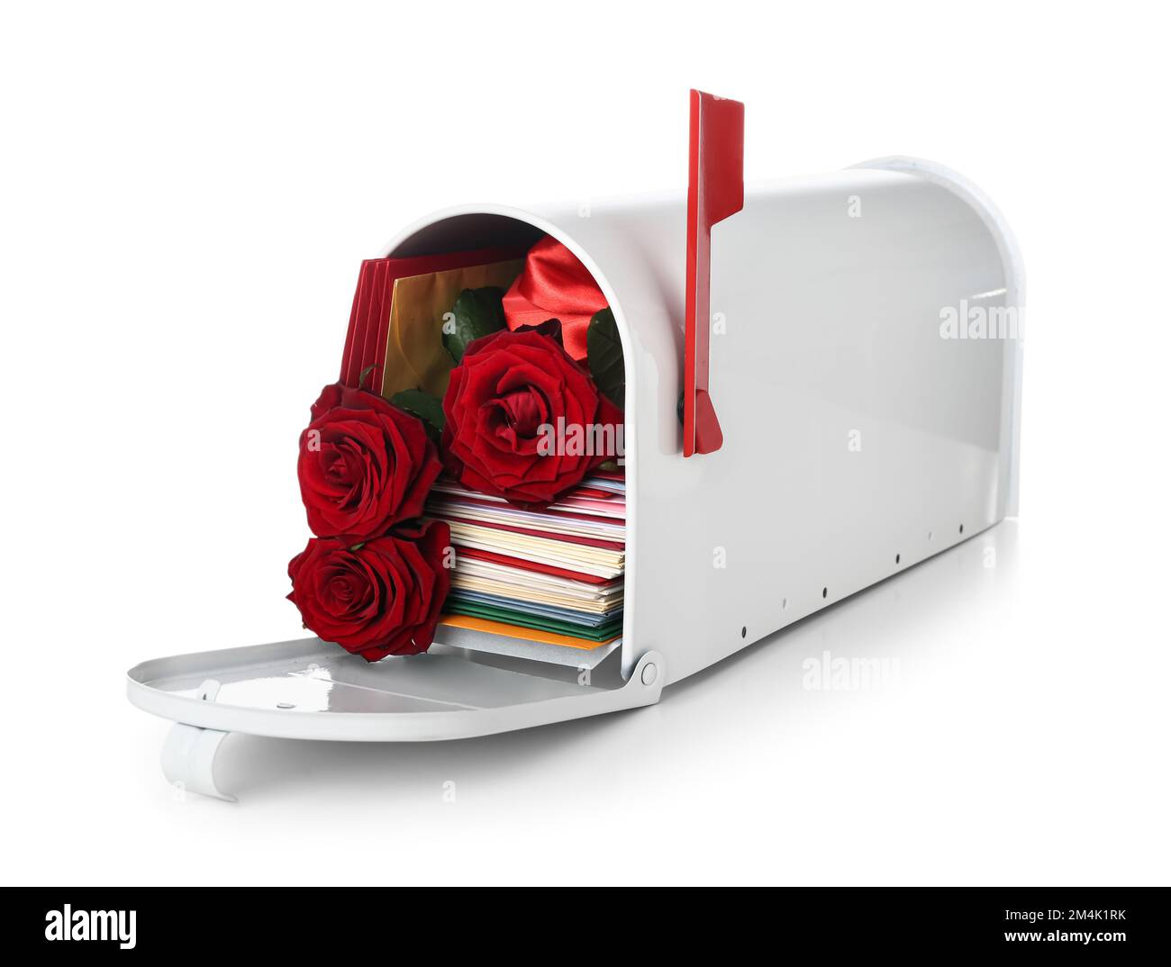 Mailbox with envelopes and red roses on white background. Valentine's ...