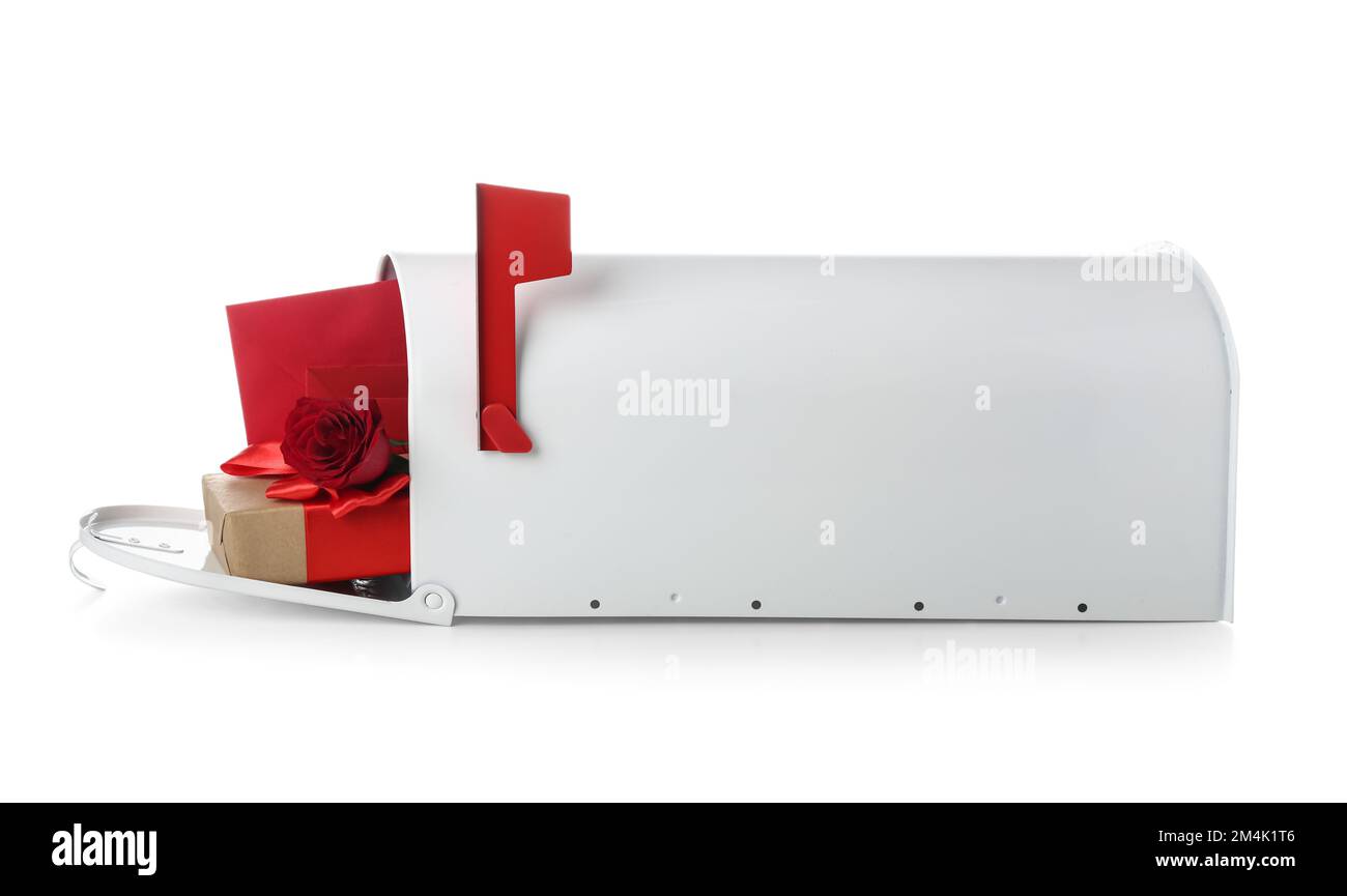Mailbox with envelopes, rose and gift on white background. Valentine's ...