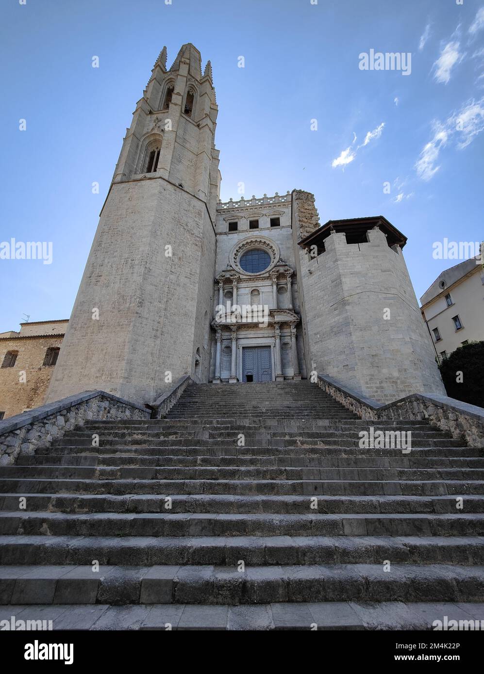 A vertical low angle of the historical San Feliu, Saint Felix basilica ...