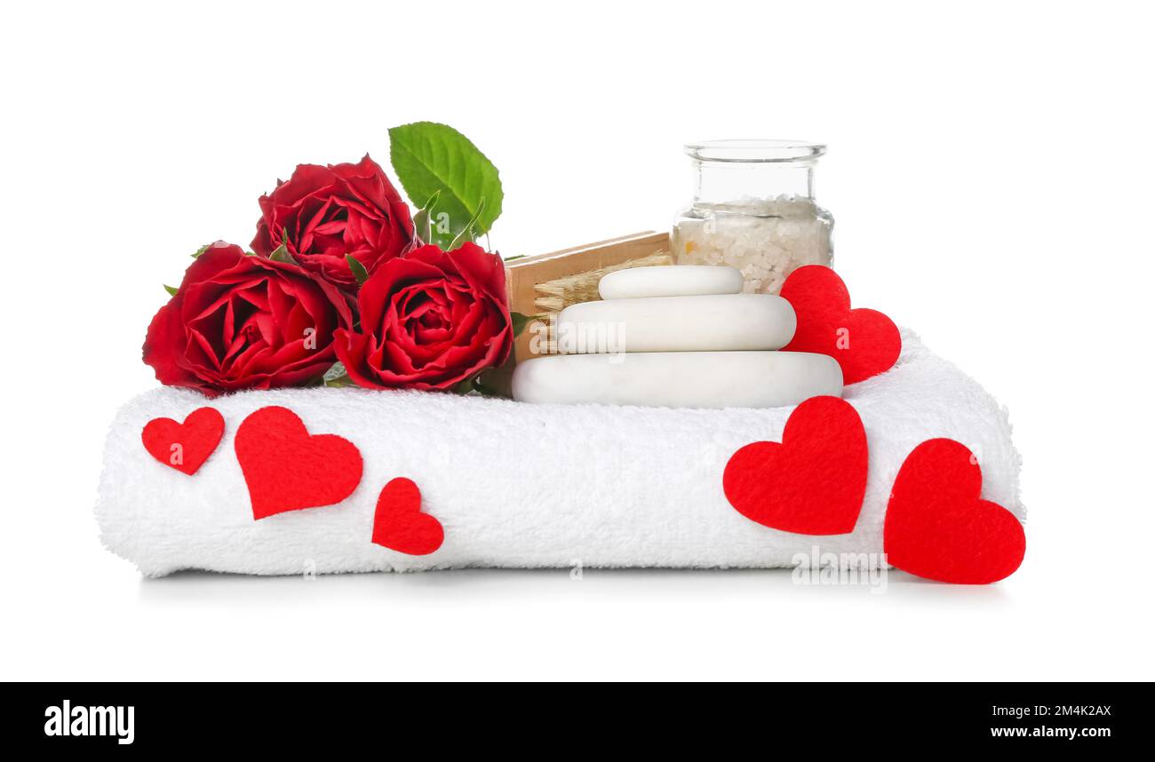 Spa composition for Valentine's Day with stones, roses and hearts on ...