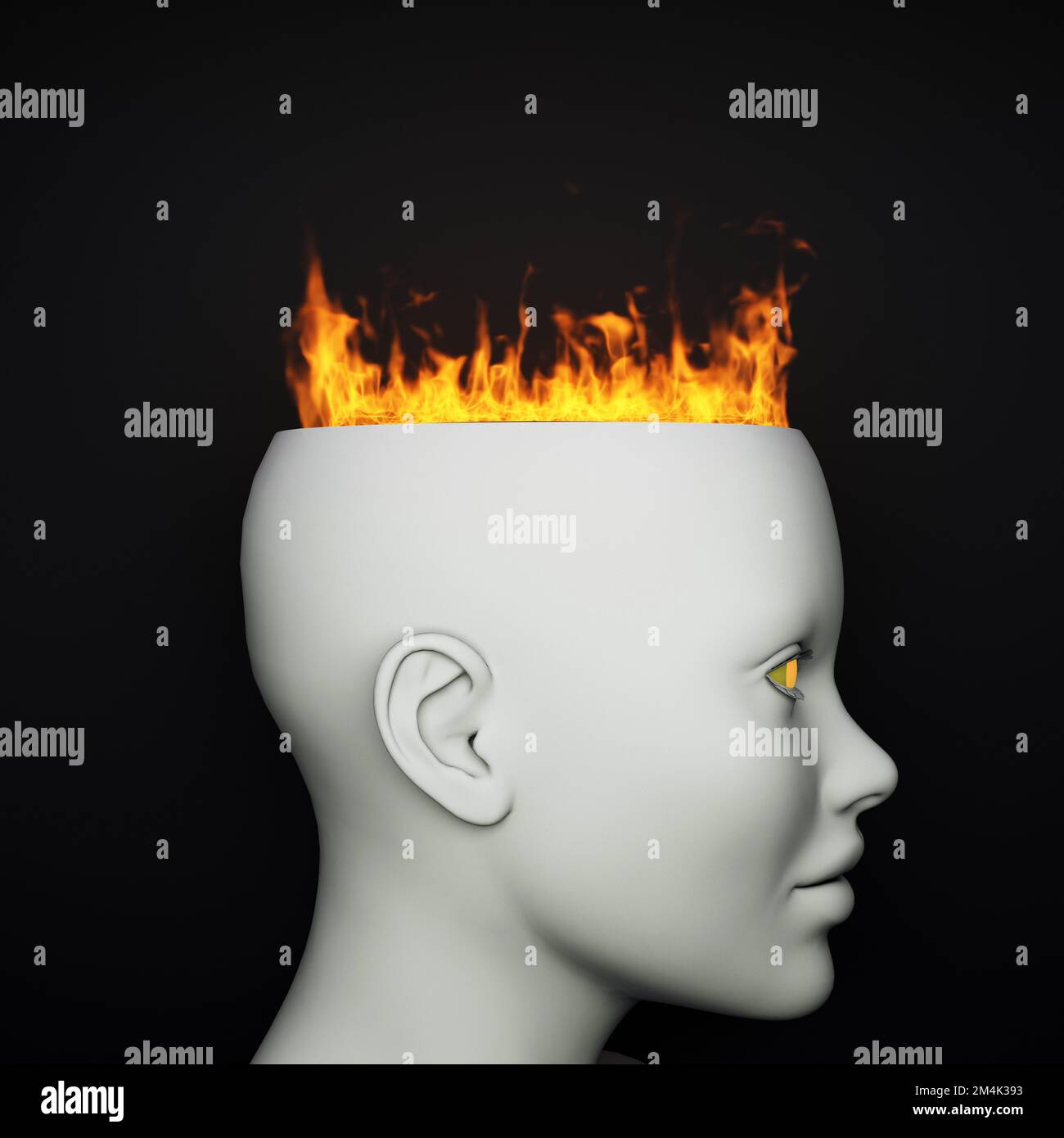 fire inside head side view isolated on black. 3d rendering Stock Photo ...