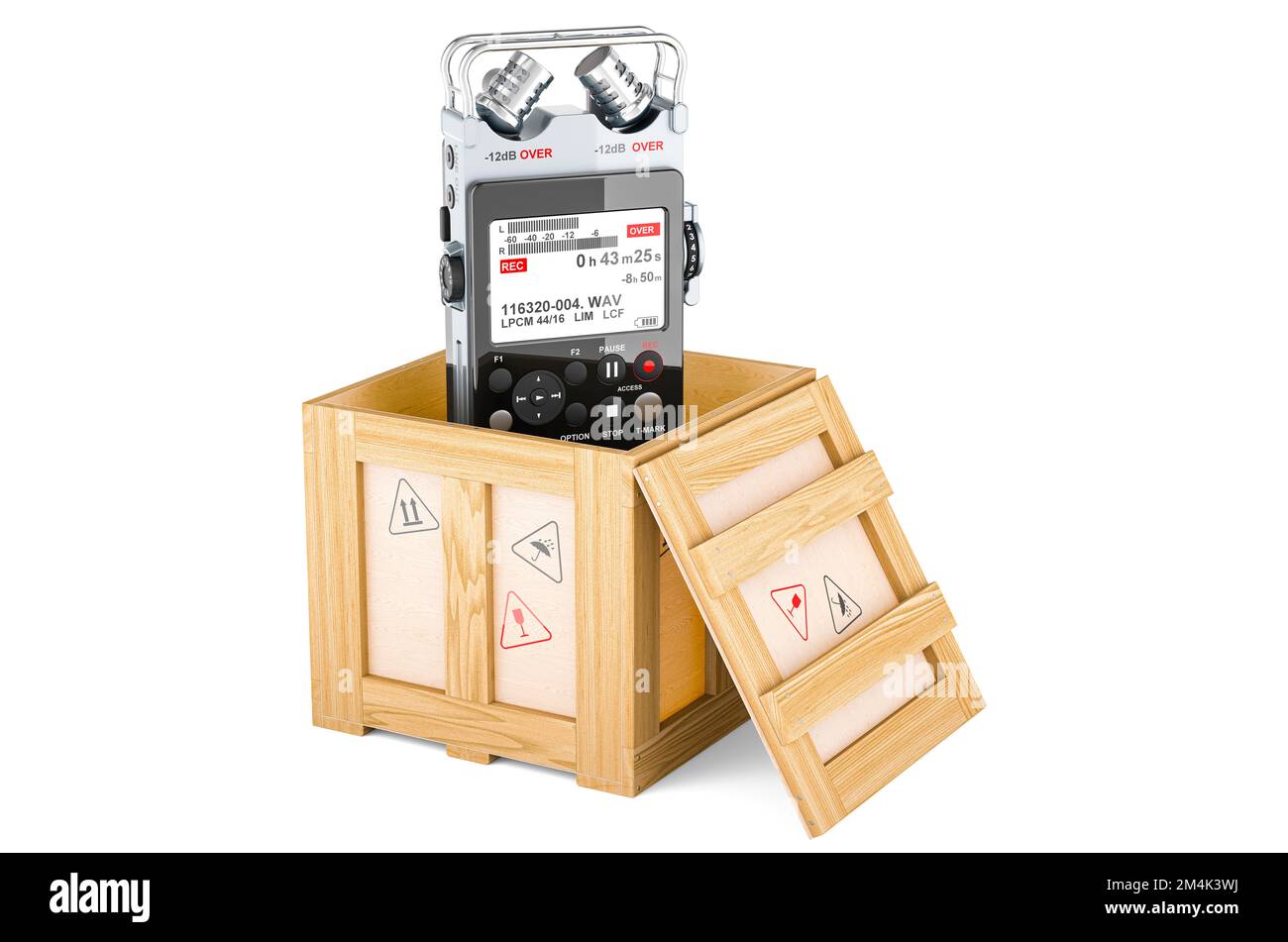 Digital voice recorder inside wooden box, delivery concept. 3D ...