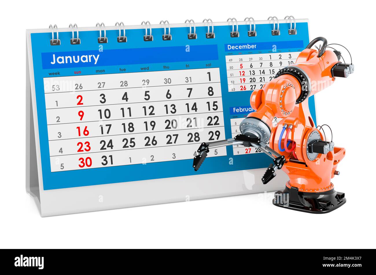 Robotic arm with desk calendar, 3D rendering isolated on white ...