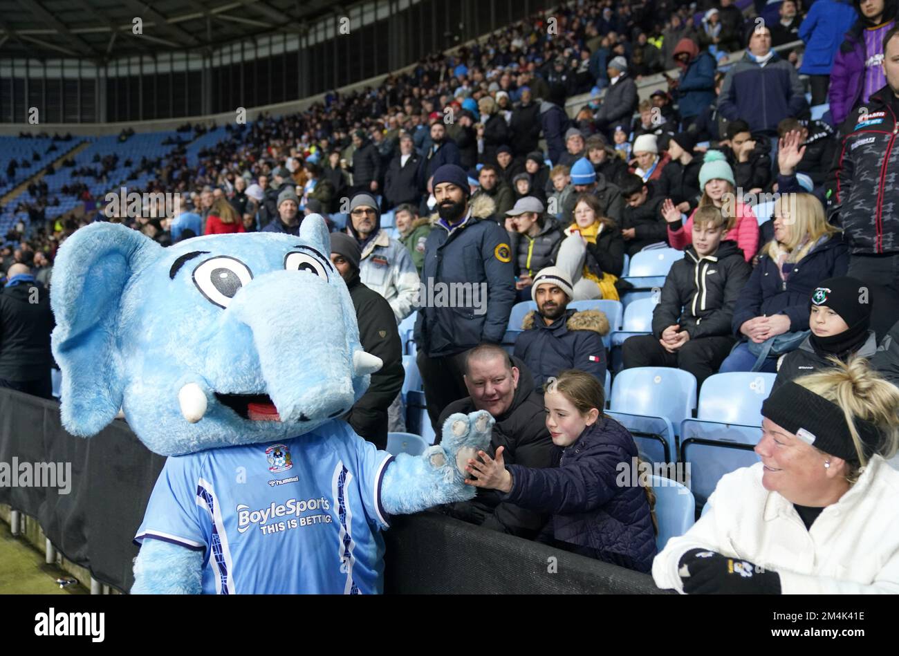 Coventry City mascot Sky Blue Sam greets fans at half-time during the ...