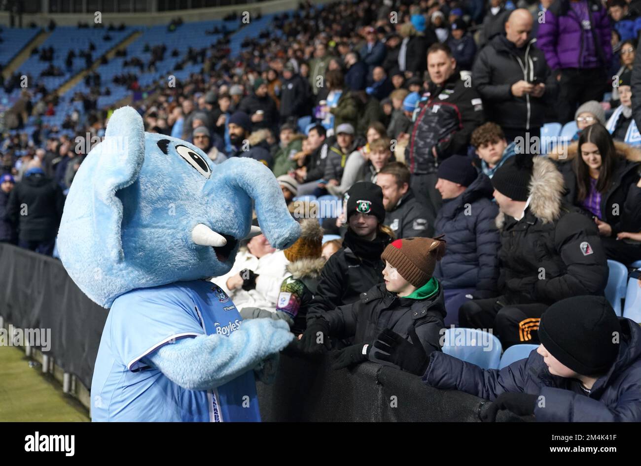 Coventry City mascot Sky Blue Sam greets fans at half-time during the ...