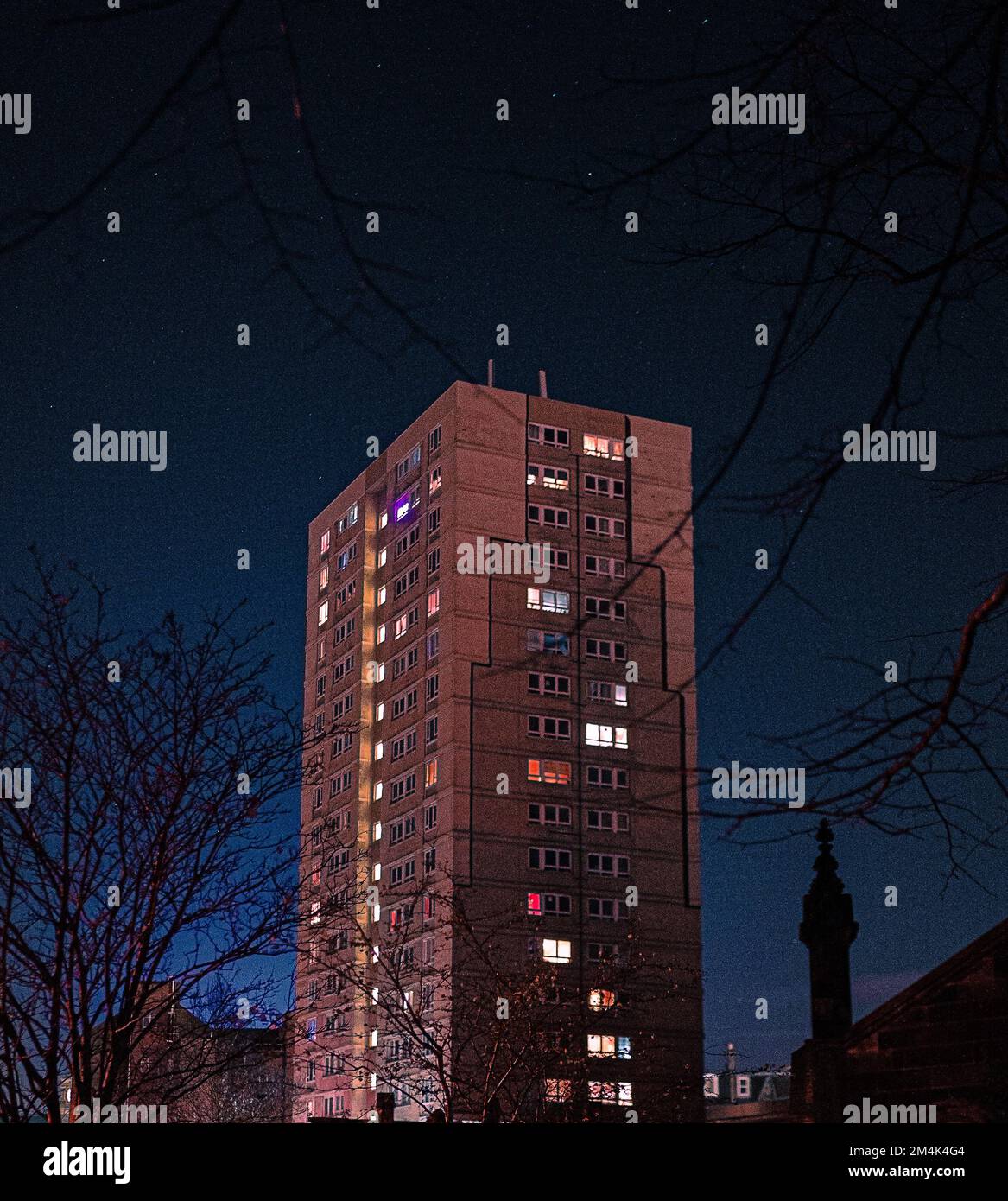 Illuminated building in Leith, Edinburgh at night. Detailed ...