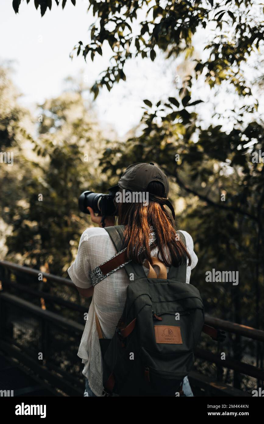 A woman photographing something in the Amazonian jungle at the Iguazu ...