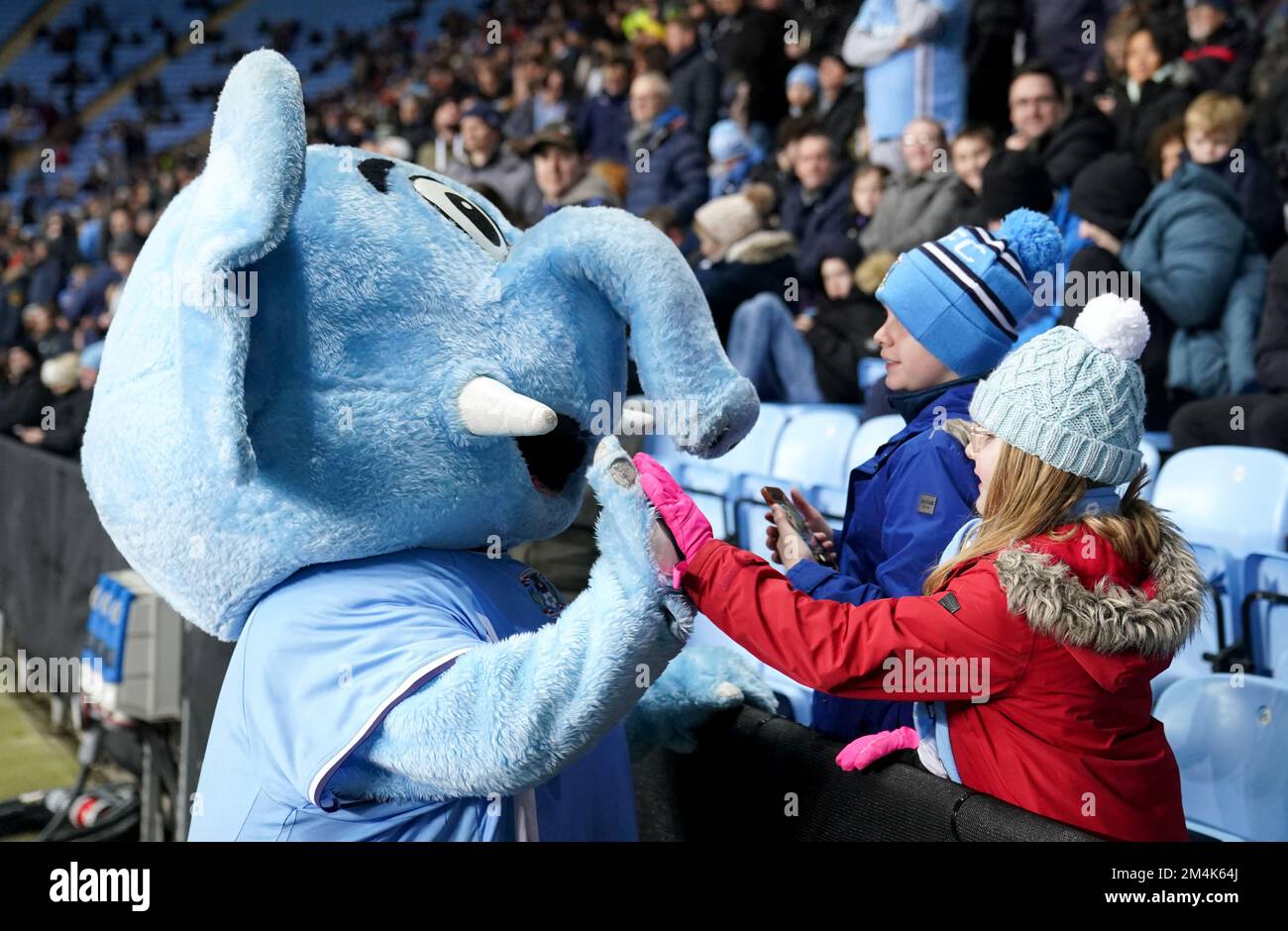 Coventry City mascot Sky Blue Sam greets fans at half-time during the ...