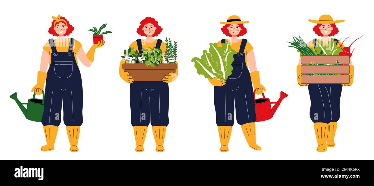 A set of characters as white cute gardener. Smiling young woman ...