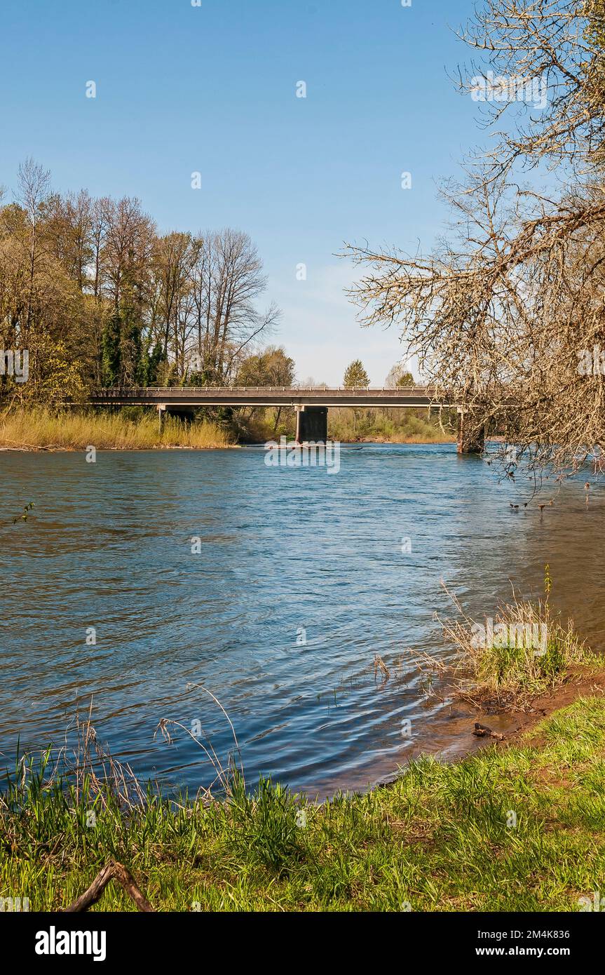 Bridge at the Coast Fork Willamette River near Mt Pisgah Arboretum, at ...