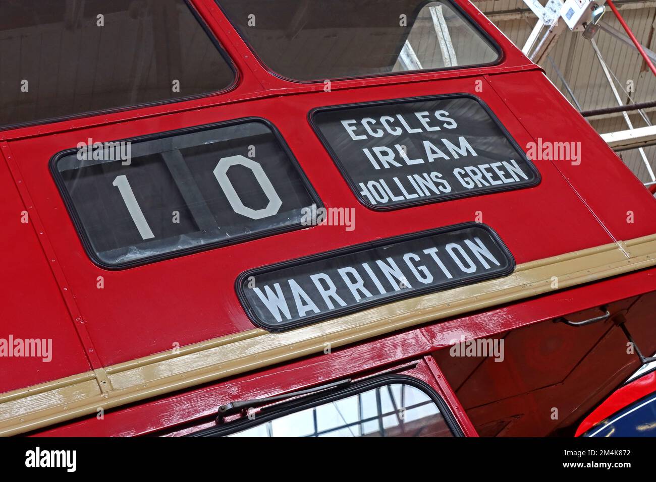 Red 1960s Manchester bus, service no 10 to Warrington, via Eccles ...