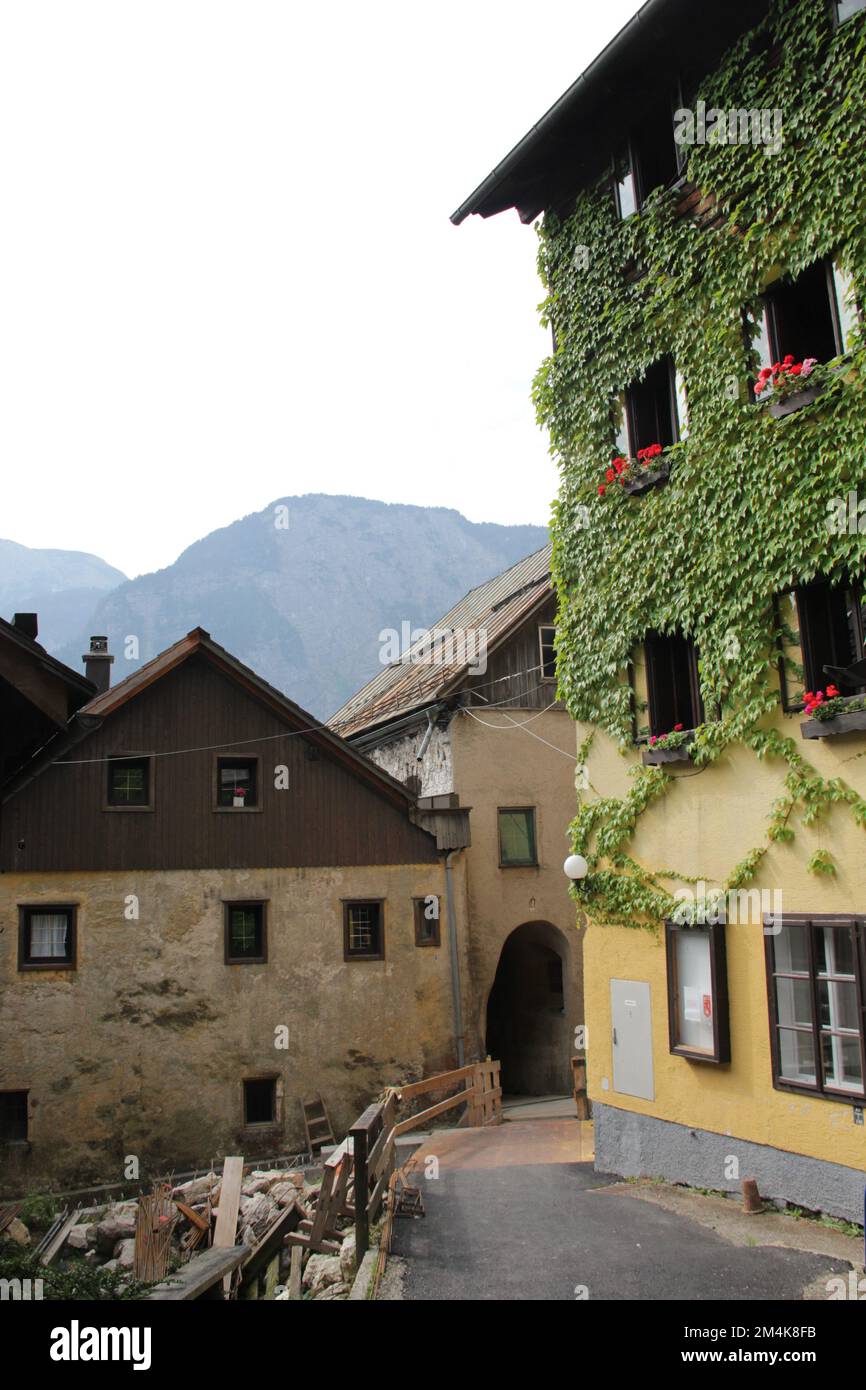 The beautiful architecture of buildings in Hallstatt Austria with ...