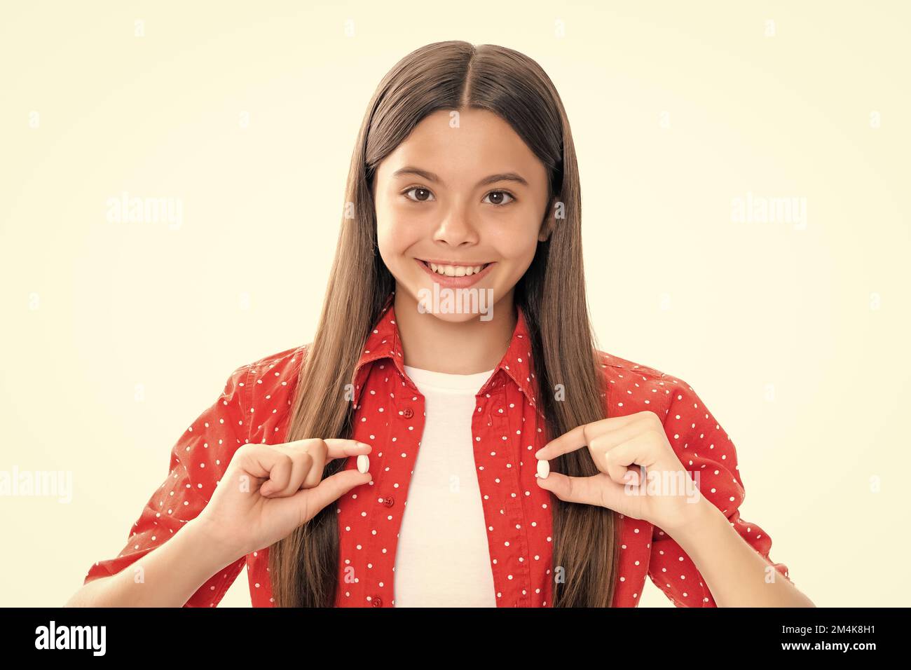 Child girl with pill. Taking medicine, vitamin supplements, treatment ...