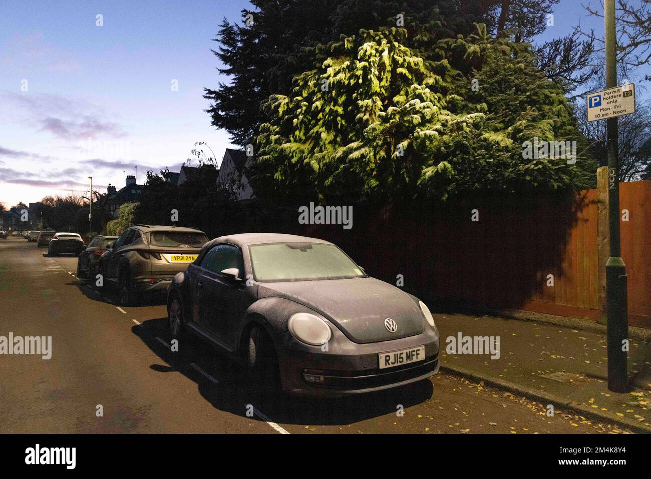 Cars parked along roads around Teddington are covered in frost. Image ...