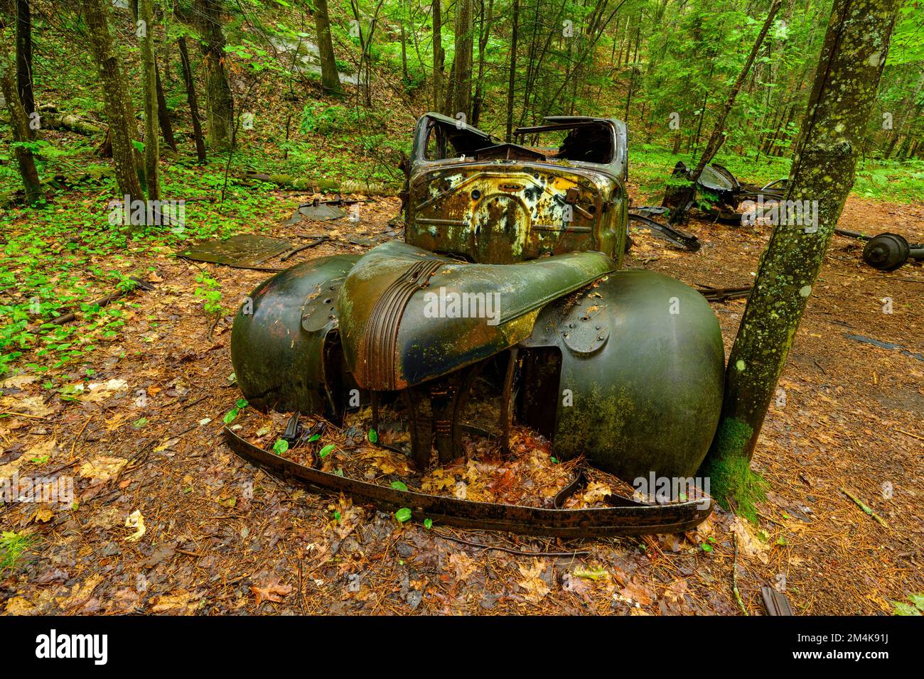 Derelict vehicle in the forest, Killarney Provincial Park, Ontario ...