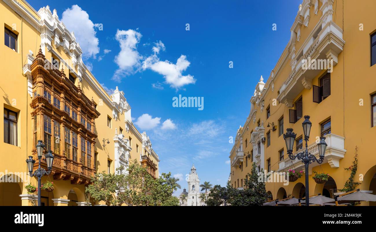Lima, Peru, colonial streets around Central plaza Mayor or Plaza de ...