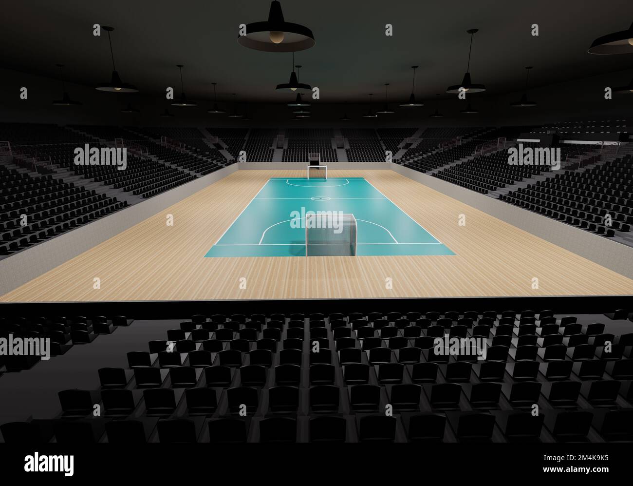 A 3d rendering of a futsal pavilion, indoors sports stadium with empty seats all around the ...