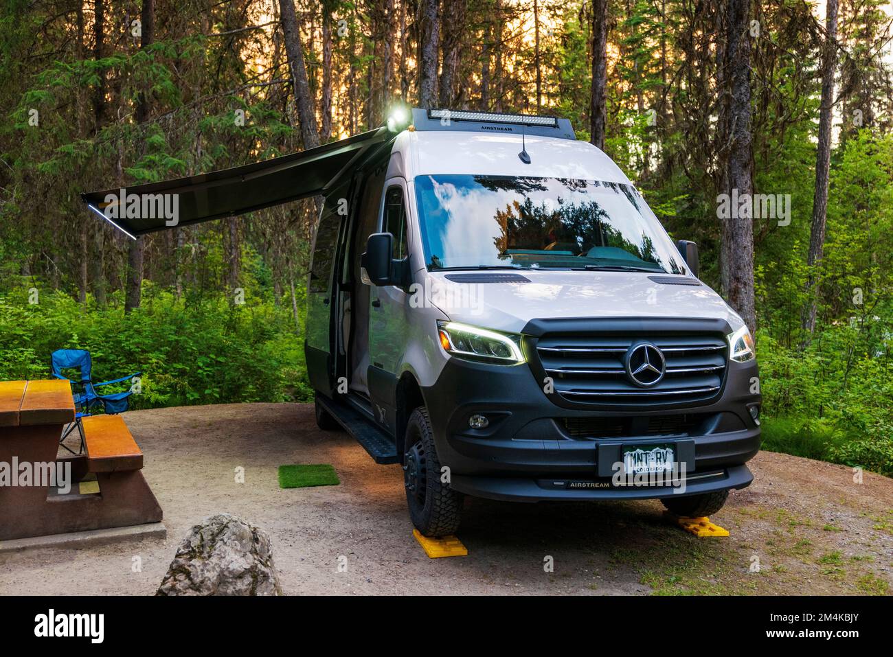 Dusk view of Airstream Interstate 24X 4WD campervan; Ten Mile Lake ...