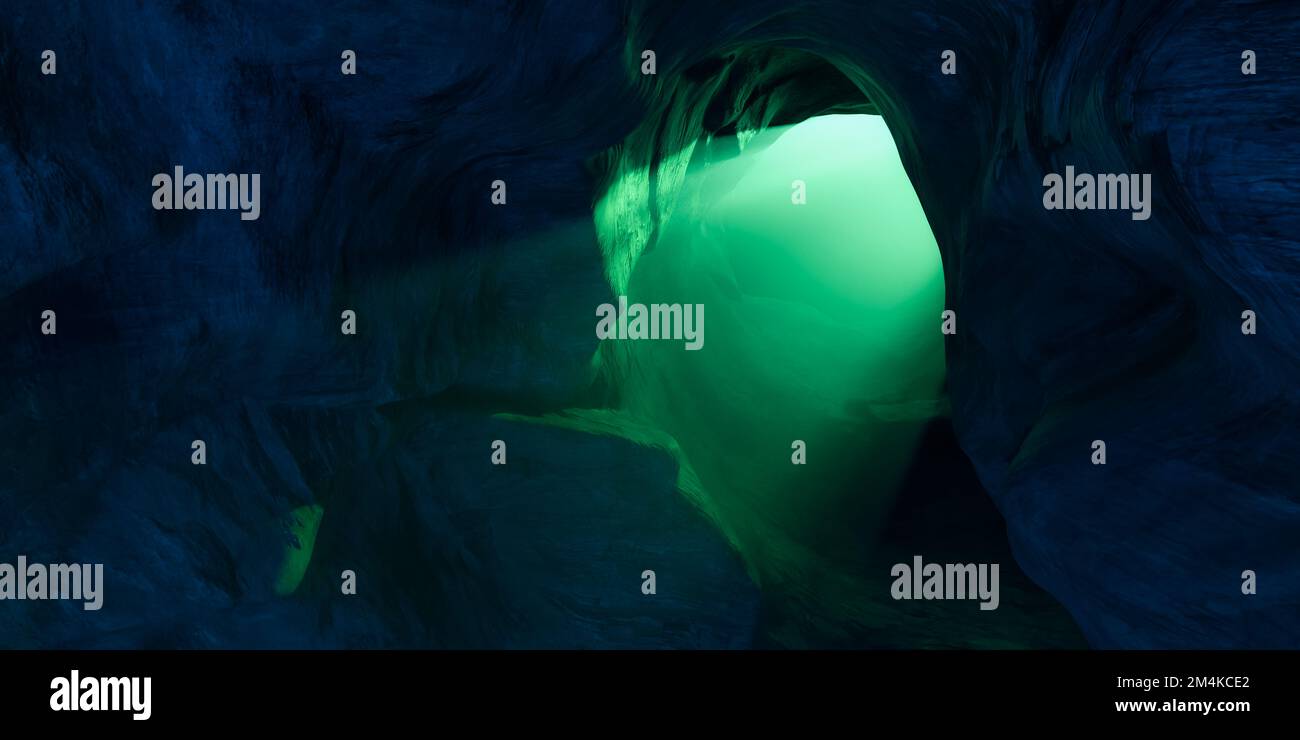 Rugged Landscape Terrain Underwater Dark Scene in cave. Lake or Ocean ...