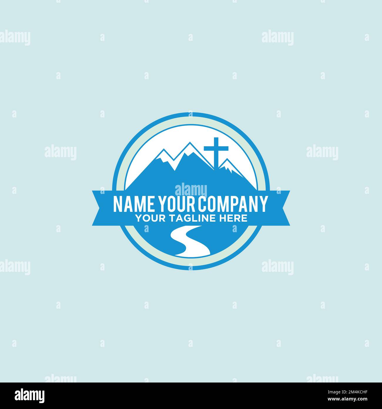 Mountains blue icon in a round frame and logo name template on light ...