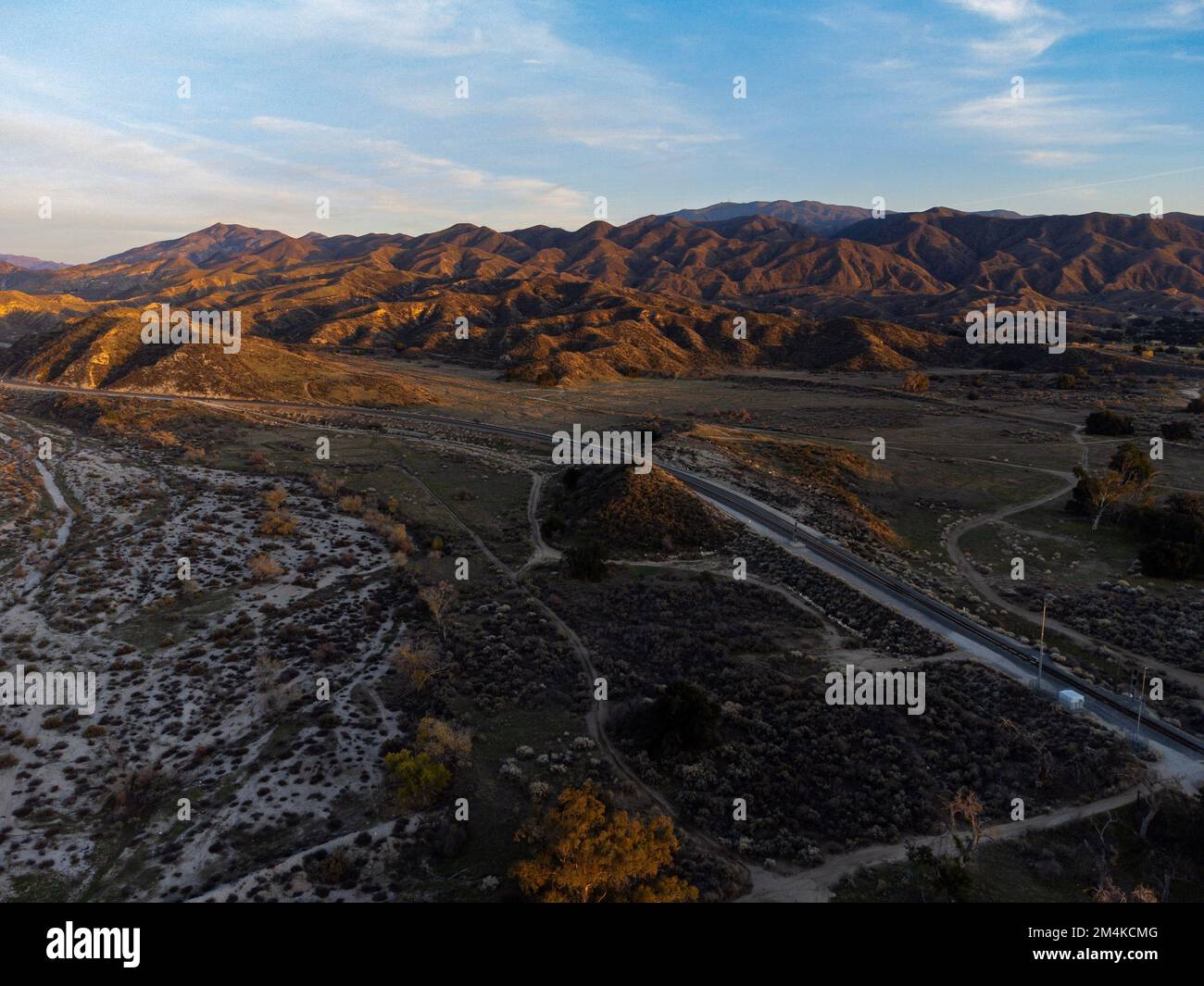 An aerial view of mountain ranges and the Santa Clara river flowing ...