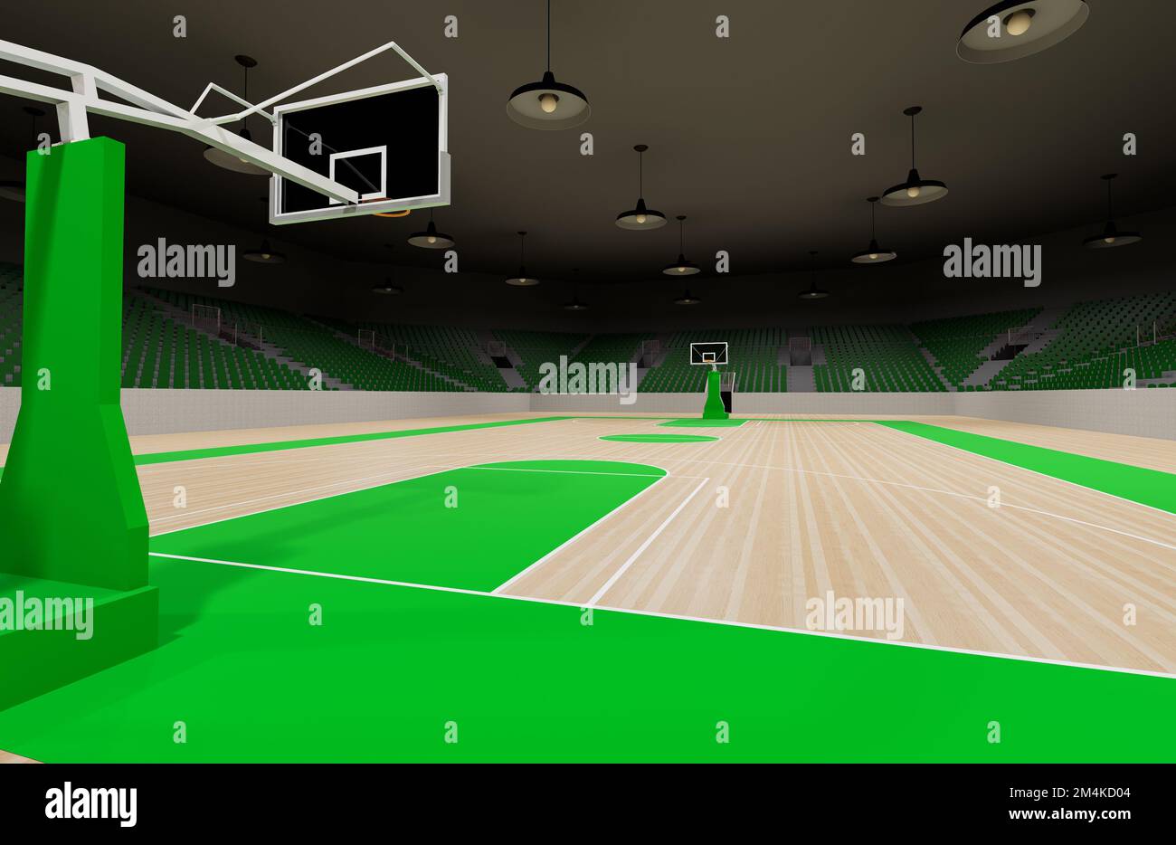 A neat empty basketball court with green seats and sidelines Stock ...