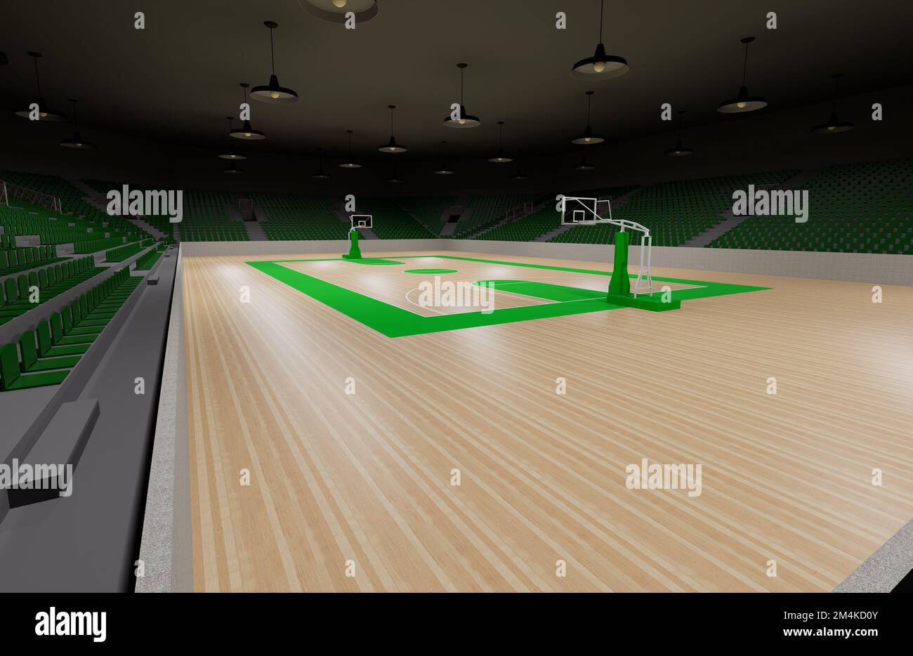A neat empty basketball court with green seats and sidelines Stock ...
