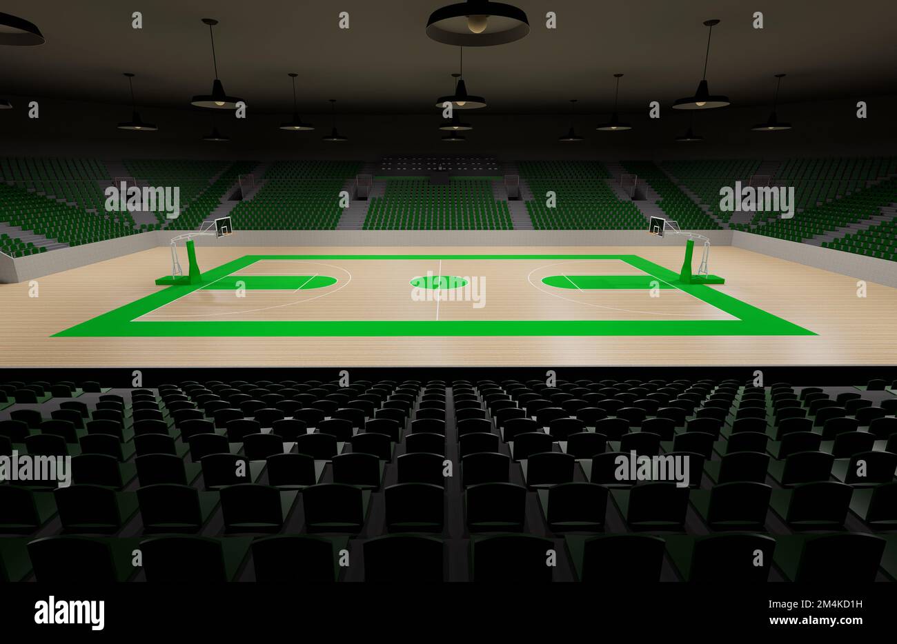 A neat empty basketball court with green seats and sidelines Stock ...