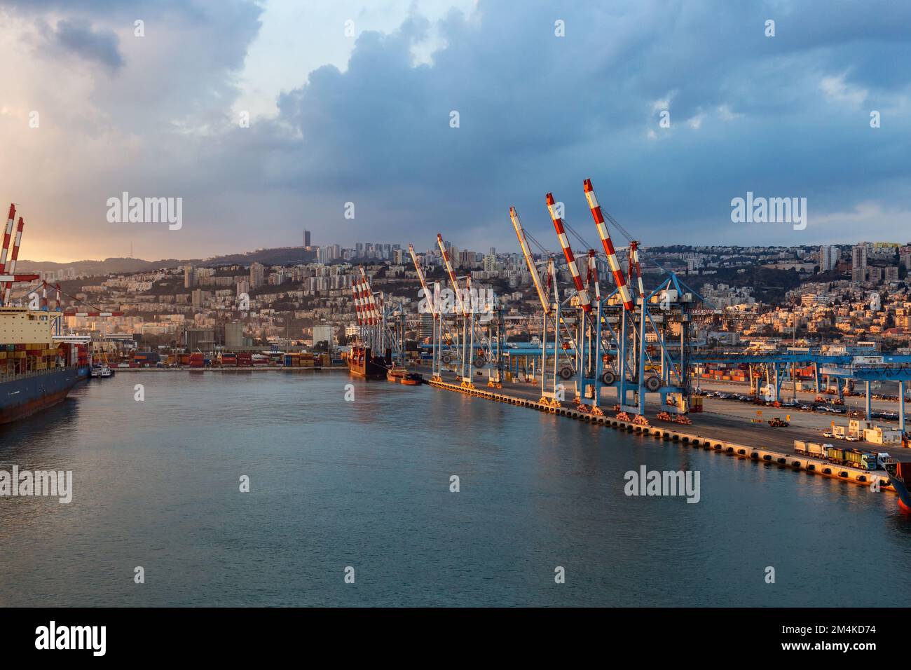 Port of Haifa during dramatic sunrise. View from cruise ship Stock ...