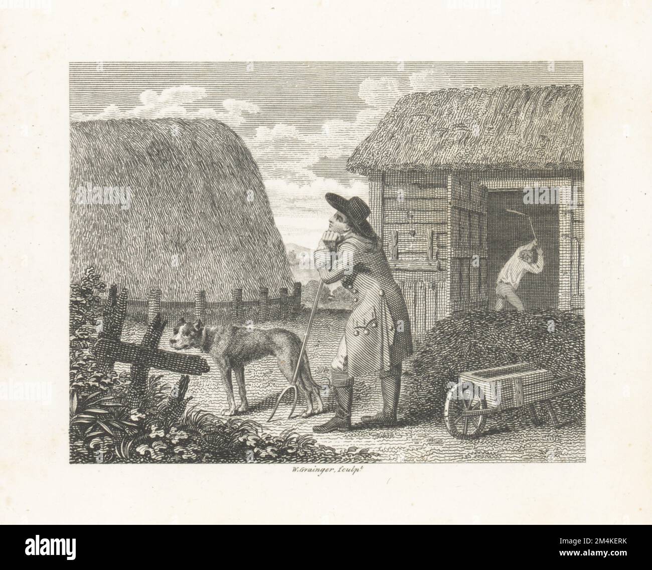 The Barley-Mow and the Dunghill. A farmer leans on a pitchfork looking ...