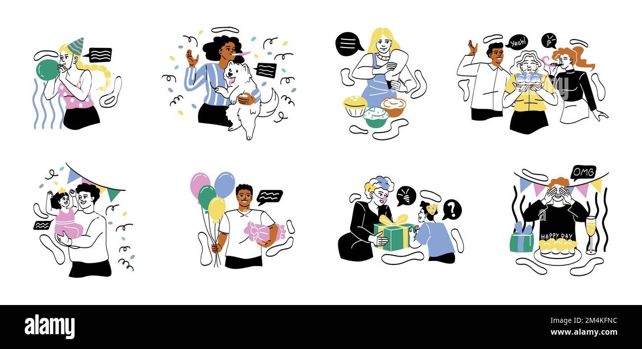 Set of happy people preparing for birthday party Stock Vector Image ...
