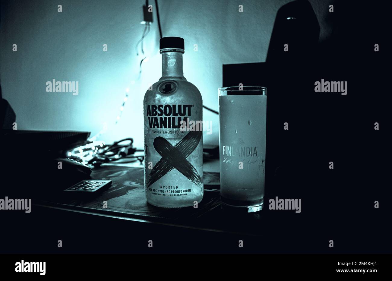 A close-up shot of an Absolute vanilla vodka bottle and a Finlandia ...